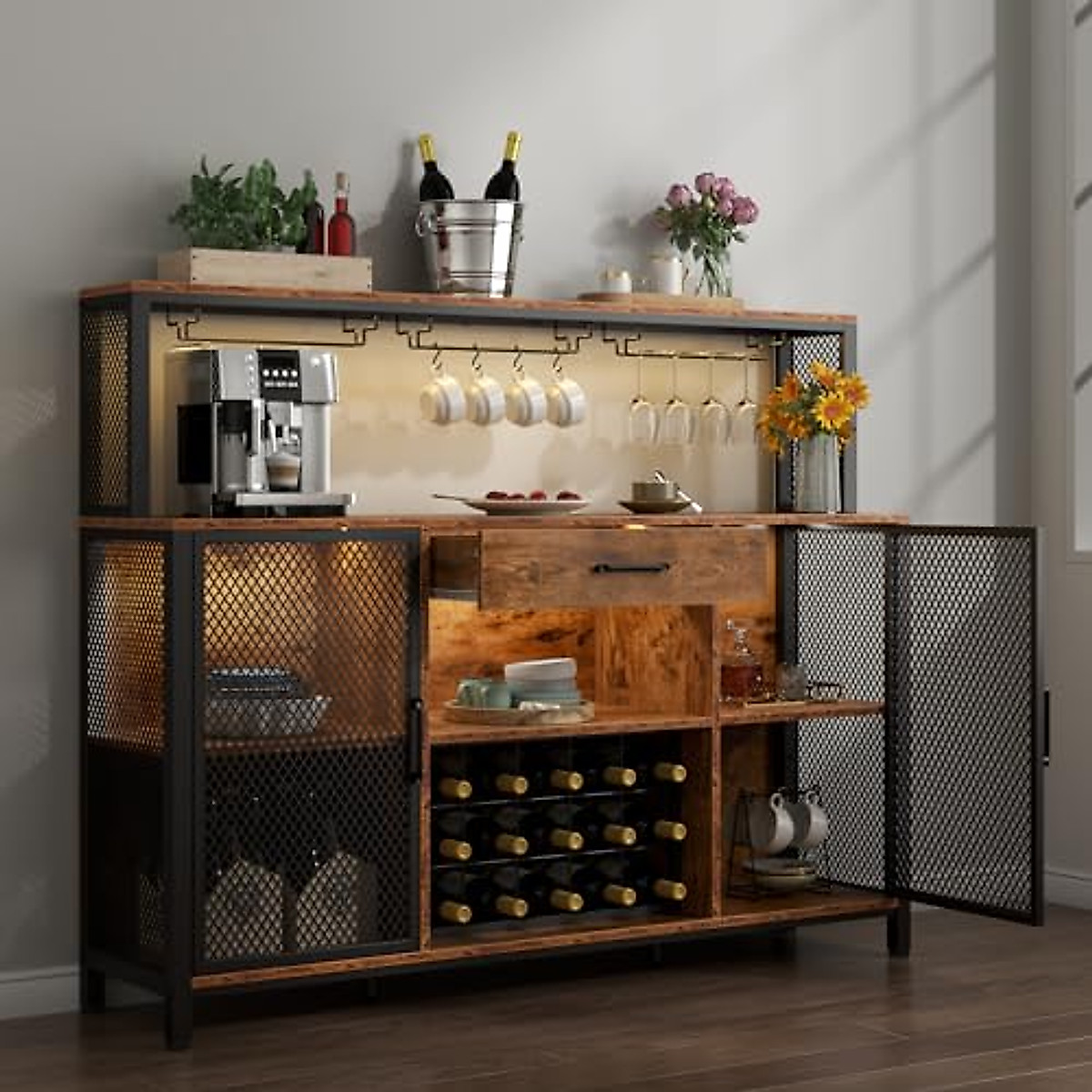 Gyfimoie Wine Bar Cabinet with Drawer and LED Lights, 55 Inches Industry Coffee Bar Cabinet with Wine Rack and Glass Goblet Holder, Kitchen Sideboard Buffet Cabinet for Liquor and Goblet