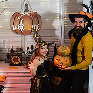 Tradder Fall Welcome Sign Thanksgiving Fall Pumpkin Sign with Bow Fall Wall Hanging Sign Rustic Wood Door Sign Double Sided Printing Pumpkin Farmhouse Door Hanger for Home Decoration (Rustic Style)