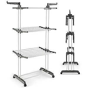 Giantex Foldable Clothes Drying Rack, Oversized 4-Tier Collapsible Laundry Rack w/ 3 Retractable Trays, Hanger Holders, Moveable Laundry Garment Dryer Stand w/Wheels for Indoor Outdoor Use
