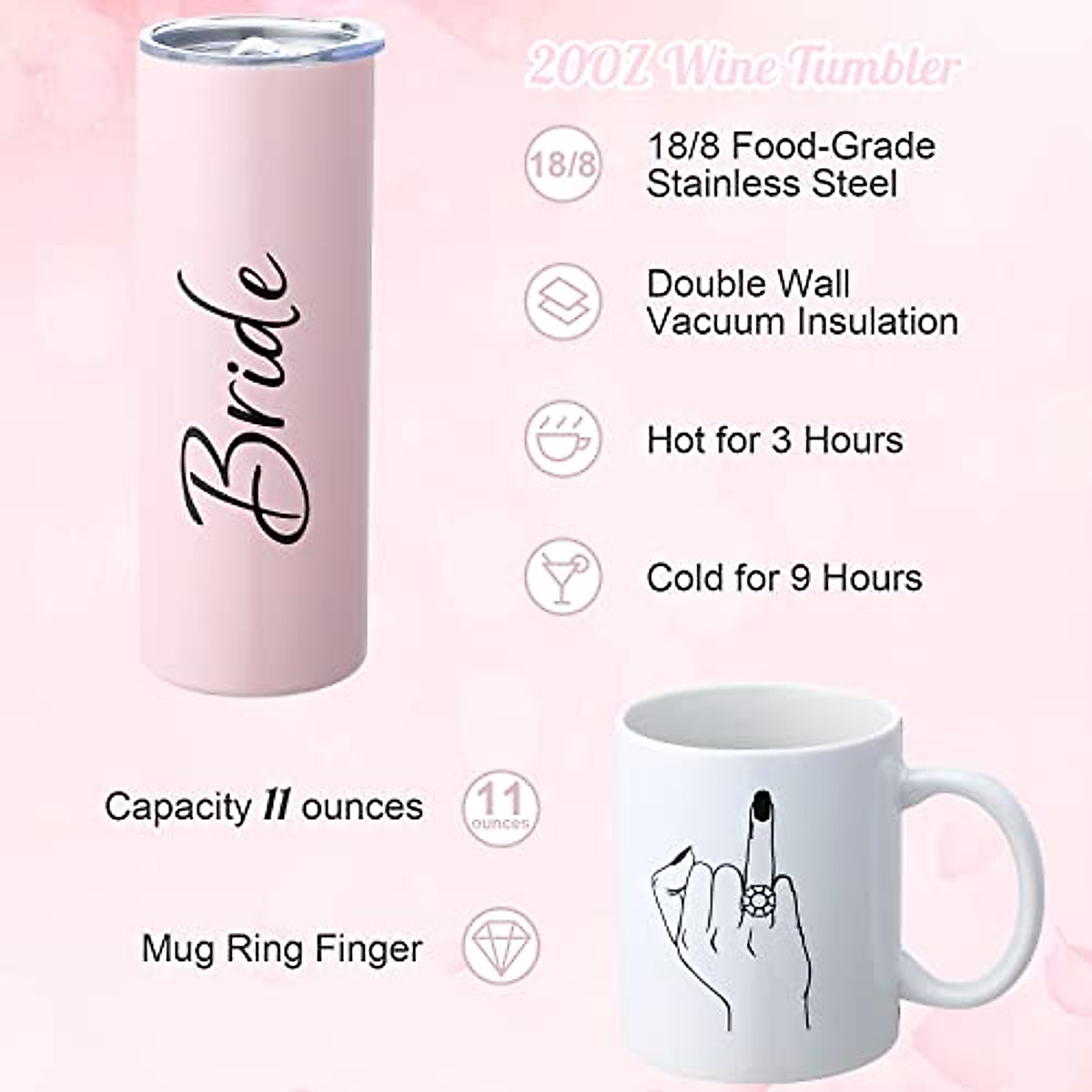 Janmercy 6 Pcs Bride Gifts Set Gift Box Bridal Shower Engagement Party 20 oz Stainless Steel Tumbler Cup Mug Jewelry Tray Silk Robes (L Size, White)