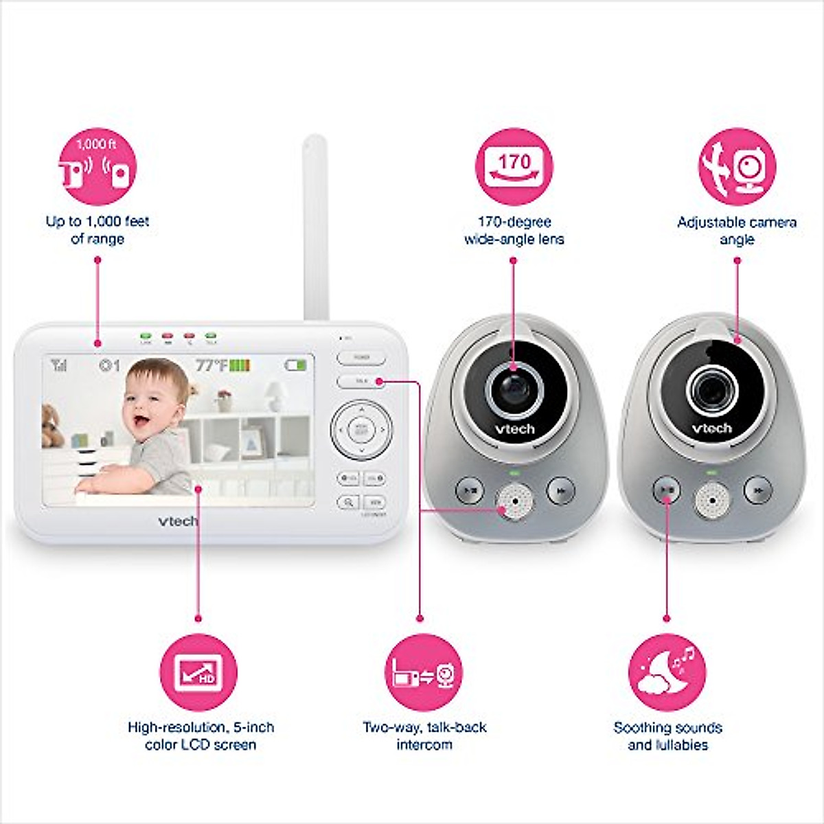 VTech VM352-2 5” Digital Video Baby Monitor with 2 Cameras, Wide-Angle Lens and Standard Lens, Silver and White