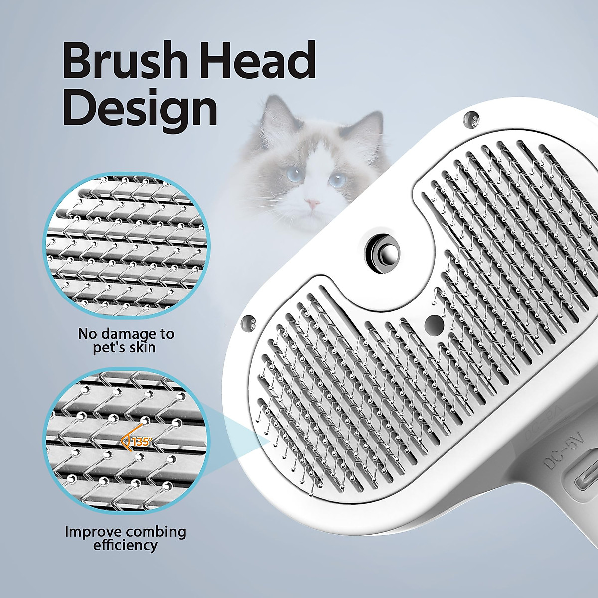 Pet Grooming Brush with Electronic Mist Spray - Gentle Deshedding Tool for Cats & Dogs, Reduces Shedding, Easy to Use, Soft Bristles, Promotes Healthy Coat-Comes with a hair smoothing comb-White