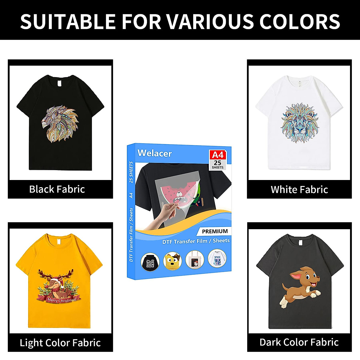 Welacer DTF Transfer Film Paper - A4(8.4" x 11.7") 25 Sheets Double-Side Matte Clear Pretreat Sheets, PET Heat Transfer Paper for Epson Inkjet Printer Direct Print on T Shirts Textile