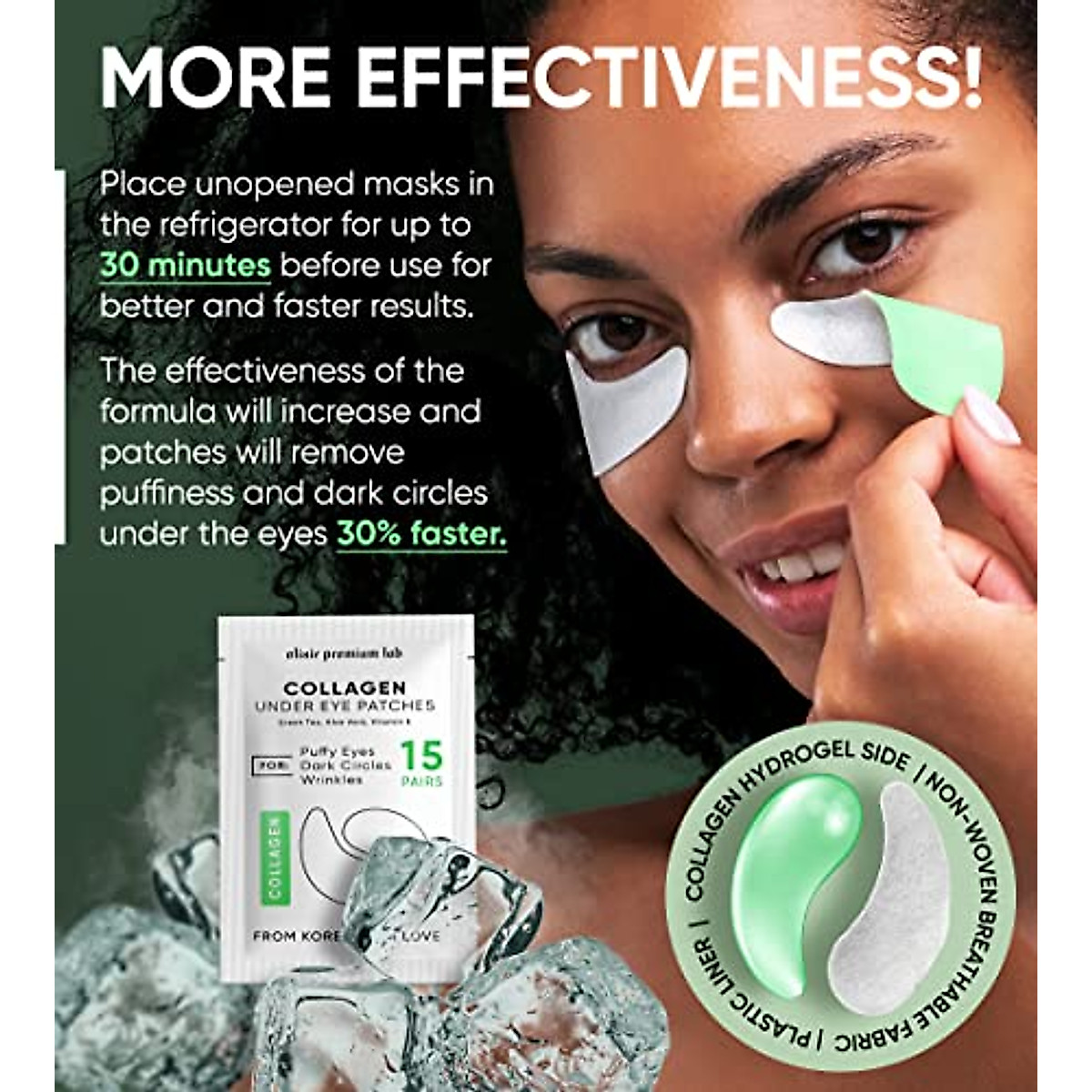 Elixir Premium Lab Collagen & Green Tea Under Eye Patches with Cooling Effect - Reduce Wrinkles, Dark Circles, and Under Eye Bags - 15 Pairs