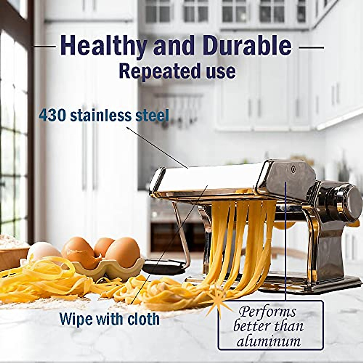 Pasta Maker Machine, 150 Roller Pasta Maker, 7 Adjustable Thickness Settings, 2-in-1 Noodles Maker with Rollers and Cutter, Perfect for Spaghetti,Fettuccini, Lasagna，Holiday Cookware Gift