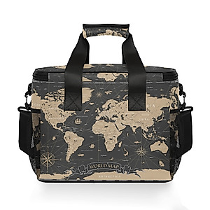 WELLDAY Lunch Bag Vintage World Map Pattern Insulated Cooler Reusable Lunch Box with Shoulder Strap for Picnic Hiking