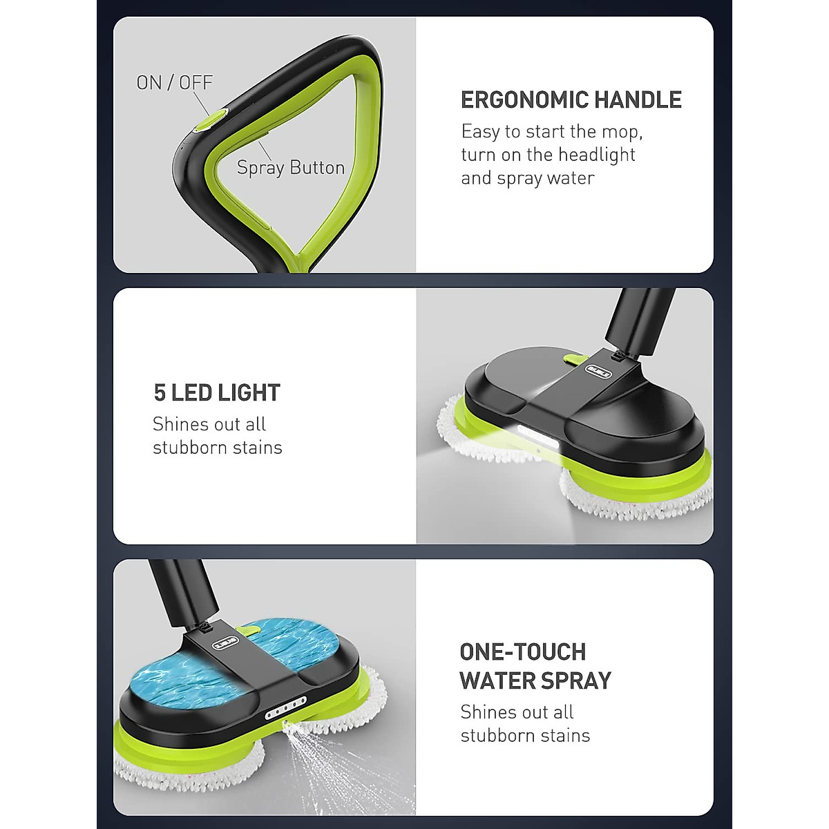 BIUBLE Cordless Electric Mop, Dual Spin Mops for Floor Cleaning, LED Headlight / Stand-Free / Water Sprayer, Rechargeable Scrubber Cleaner Mops with 300ML Water Tank for Multi Floors, Self-Propelled