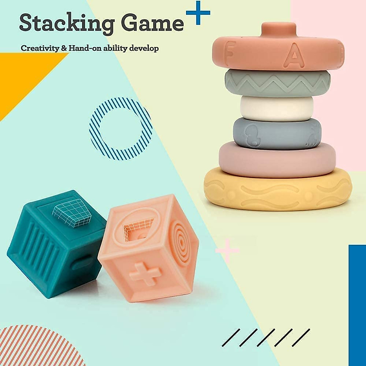 Mini Tudou Baby Blocks & Stacking Rings Toy Set, Baby Sensory Building & Teething Toys Educational Squeeze Play with Animals Shapes Textures Numbers, Holidays for Toddlers Babies 6m+