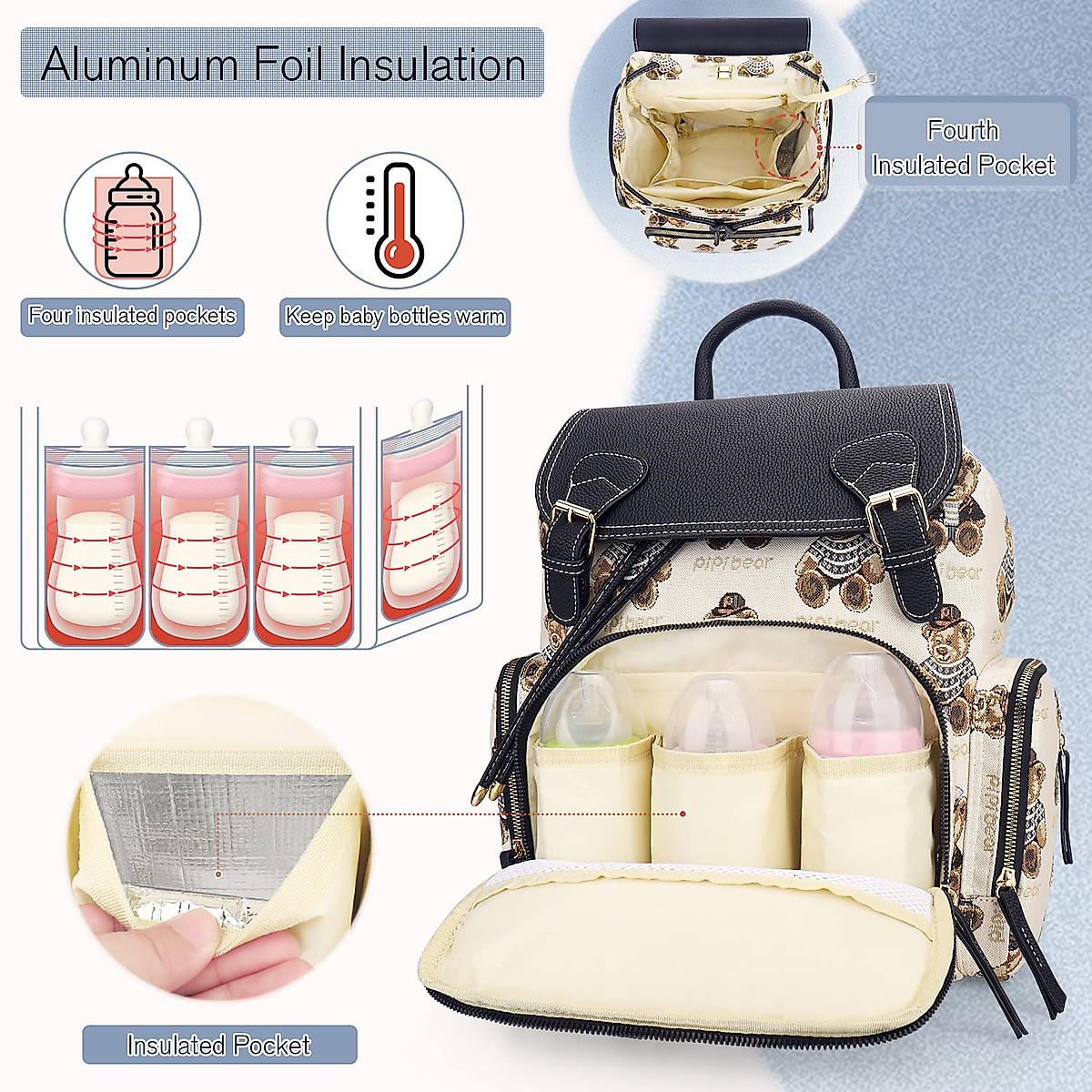 pipi bear Diaper Bag Backpack with Stroller Straps, Stylish Jacquard Travel Diaper Back Pack for Mom and Dad, Multi-function Baby Changing Bag, Maternity Nappy Bag for Boys and Girls, Cream