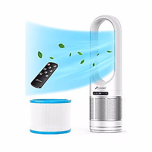 ZICOOLER Bladeless Tower Fan and Air Purifier, 80° Oscillating Fan for Bedroom, 32 inch Standing Floor Fans with HEPA Filter 99.97%, Remote, Quiet Cooling Fan for Indoor Home Office Room