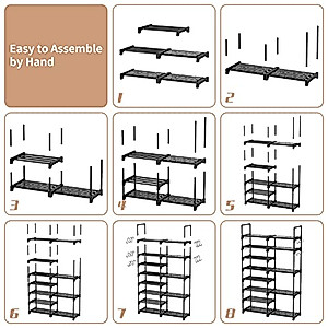 ROJASOP Shoe Rack Organizer, 8-Tier Metal Shoe Rack for Closet Entryway Garage, 26-32 Pairs Tall Shoe Boot Storage Shelf with 15 Hooks, Stackable Large Shoe Stand