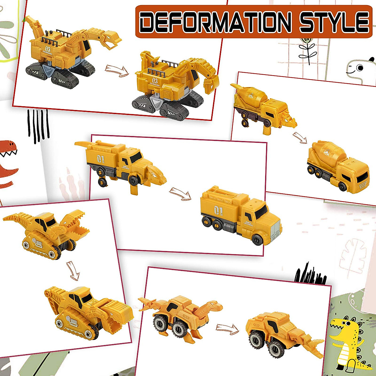 SLENPET 5 in 1 Dinosaur Transforming Robot Toys Set, Magnetic Assemble into Emulation 14.5 inches Large Robot Figures, 5 Construction Trucks & Dinosaurs for Boys, Kids Ages 3 and Up