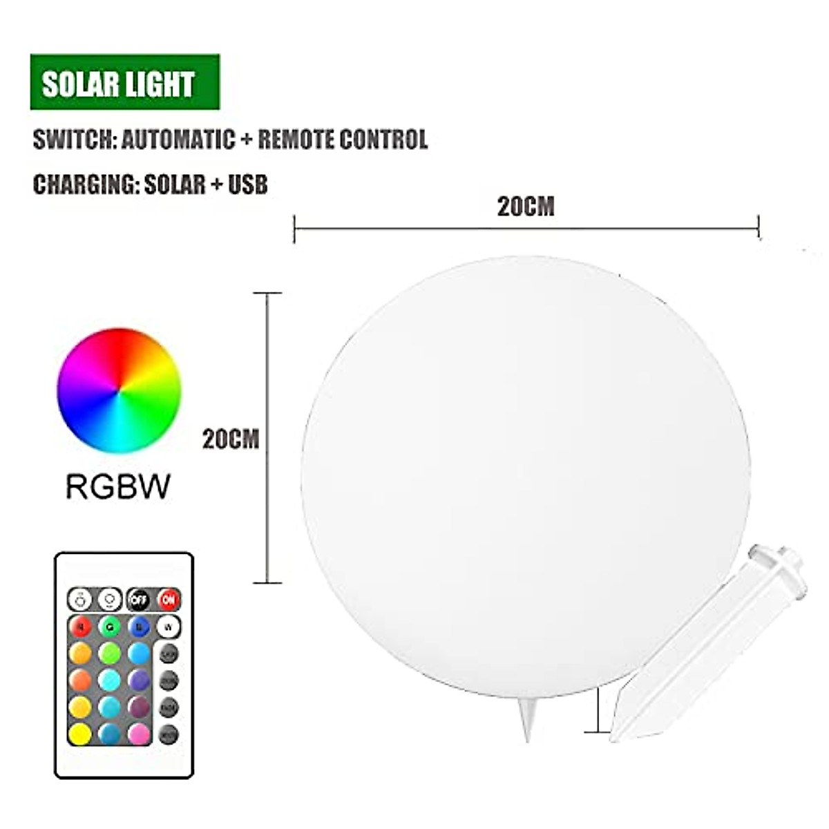dpcm Outdoor Solar Powered Glowing Ball Light,IP67 Waterproof LED Colour Changing with Remote Control,Solar Globe Light with Stake for Garden, Patio, Home Decor (20cm)