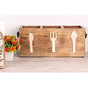 TrendBell Christmas Gift 3-Slot Wooden Utensil Caddy for Kitchen Countertop, Multi-Purpose Wooden Desk Organizer Work Desk, Bathroom, Cutlery Caddy, Office Supplies Organizer – 10.75 X 3.5 X 4 Inches