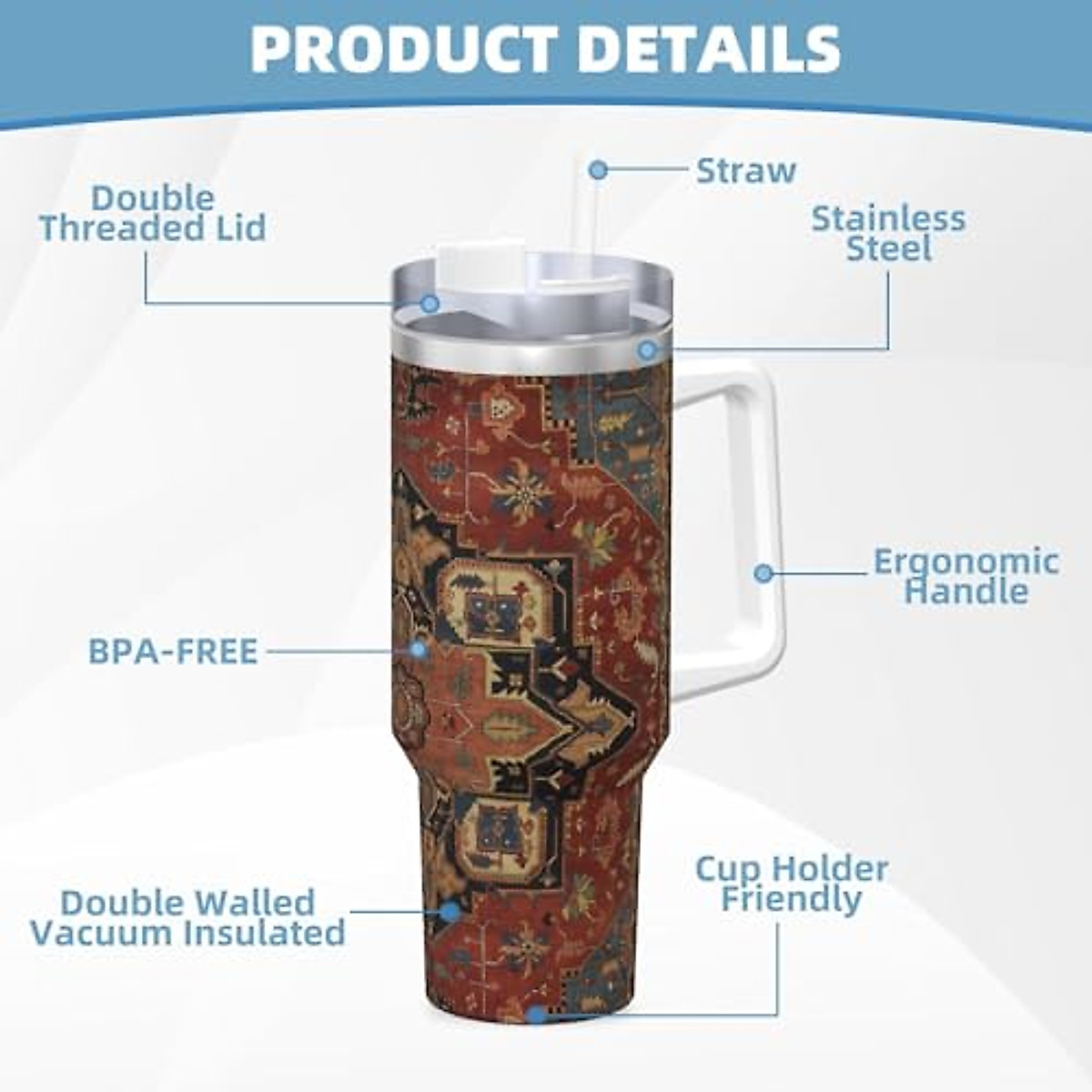 Xiexide 40oz Fits Cup Holder Sports Vintage Antique Oriental Turkish Antique Boho Bohemian Double Walled Vacuum Insulatedith Handle And Straw,Hot & Cold Drinks