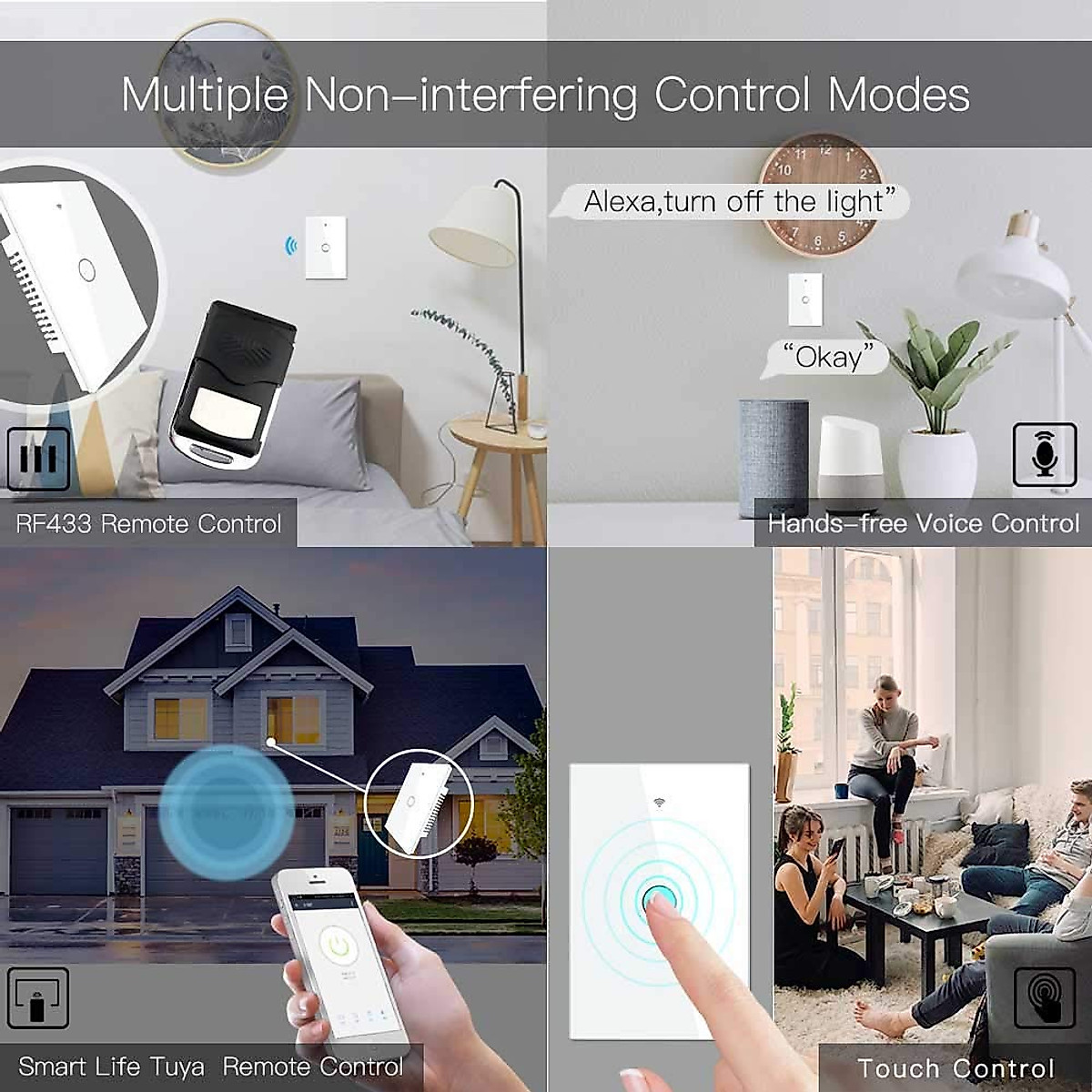 MoesGo 2nd Generation WiFi RF433 Smart Touch Wall Single Fire Smart Switch，No Neutral Wire Needed,Compatible with Smart Life/Tuya App, Works with Alexa and Google Home Single Pole 110V White 1 Gang