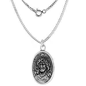 Sterling Silver Jesus with Crown of Thorns Sorrowful Mother Medal Pendant Oxidized finish Double Sided Oval 1 inch