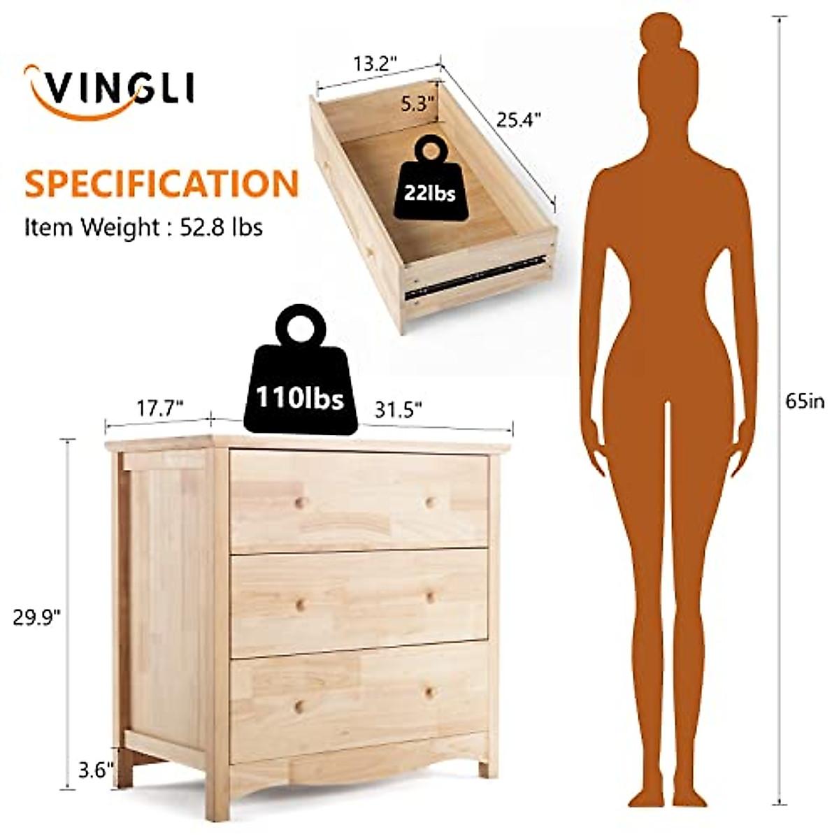 VINGLI Upgraged Unfinished 3 Drawer Dresser for Bedroom Natural Solid Wood Dresser Color DIY, Farmhouse Dresser with Spacious Storage Chests of Drawers with Full Extension Drawer Slides, Rustic Style