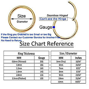 Afftiny 16G Gold Small Nose Rings 7MM Hoop Earrings Hinged Clicker Hypoallergenic Stainless Steel Cartilage Piercing Ring
