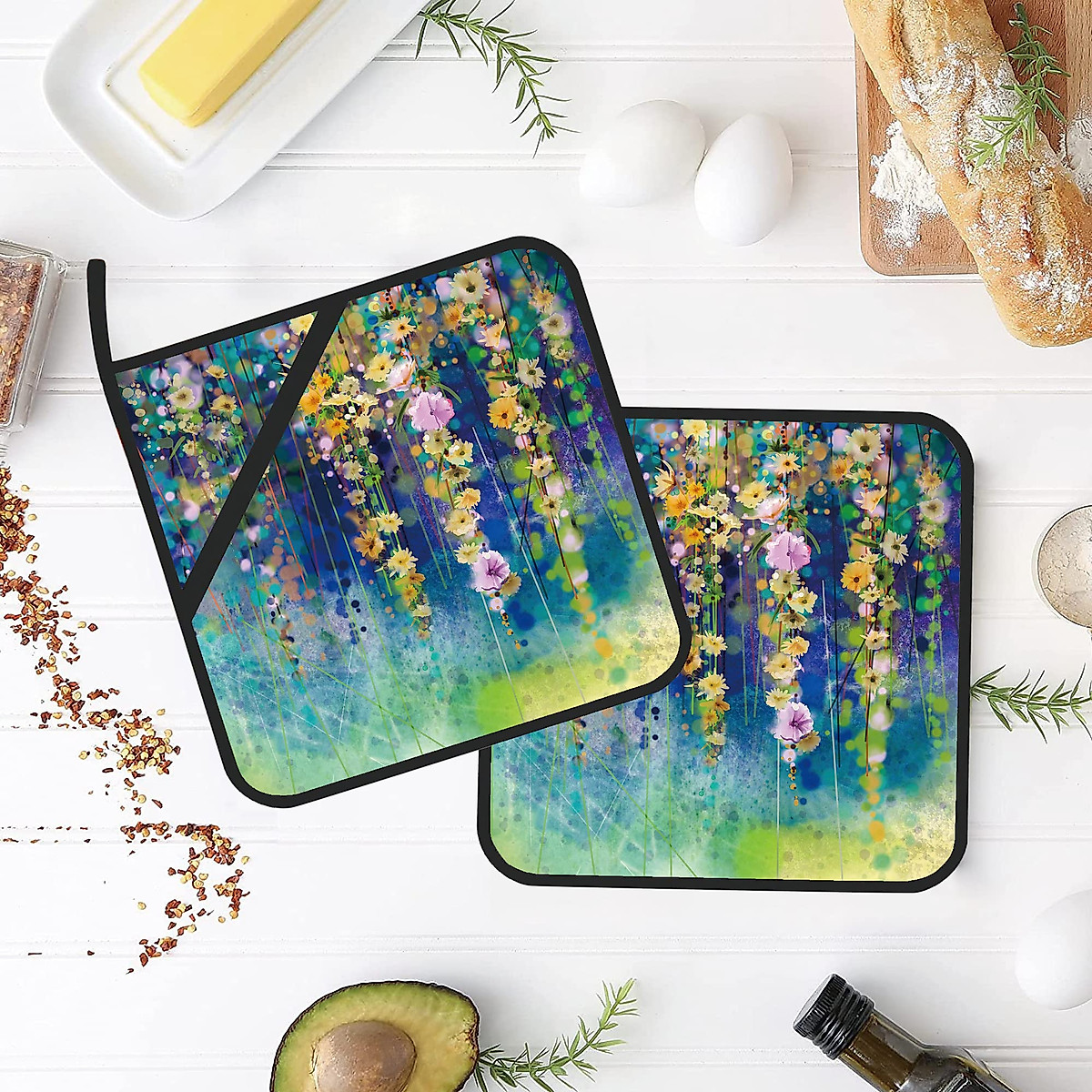 Abstract Floral Watercolor Painting Pot Holders Set of 2 Kitchen Heat Resistant Potholder for Microwave Cooking Baking Oven End Dishes and BBQ
