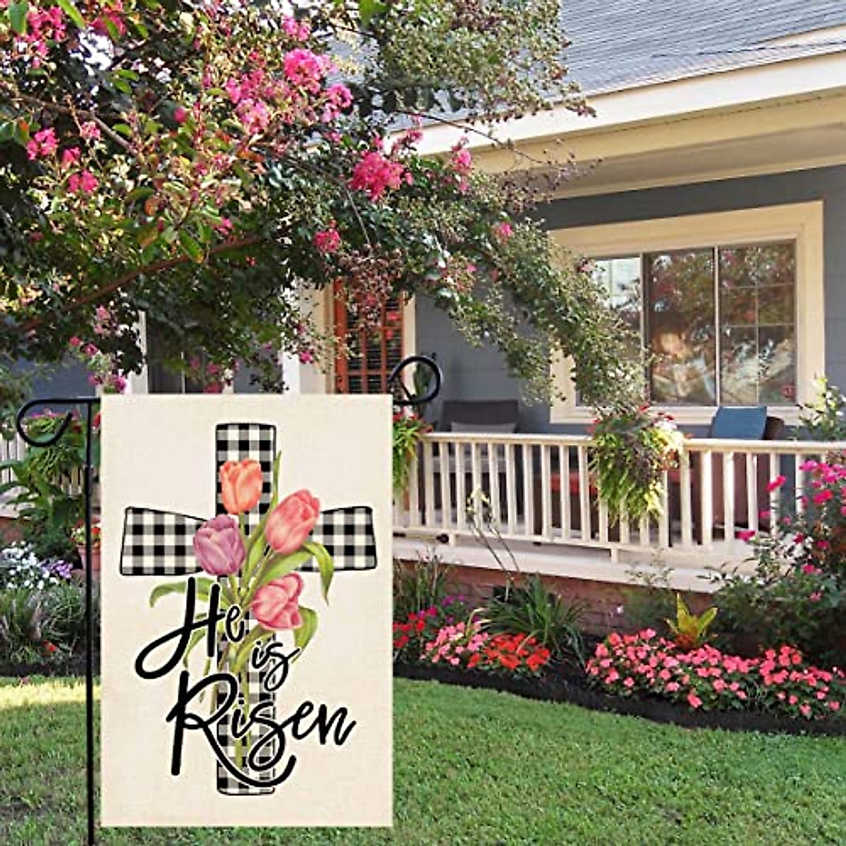 ORTIGIA Easter Cross Garden Flag Double Sided Buffalo Plaid Cross Tulip Flowers He is Risen Religious Garden Flag Spring Seasonal Outdoor Outside Yard Lawn Decoration 12x18 Inch
