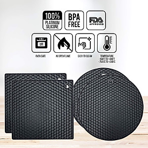 KITCHENATICS Trivets for Hot Dishes, Silicone Trivets for Hot Pots & Pans, Hot Pads for Kitchen, Pot Holders for Kitchen Heat Resistant Mats for Countertop, Silicone Trivet Mat Hot Plates, Black 4Pcs