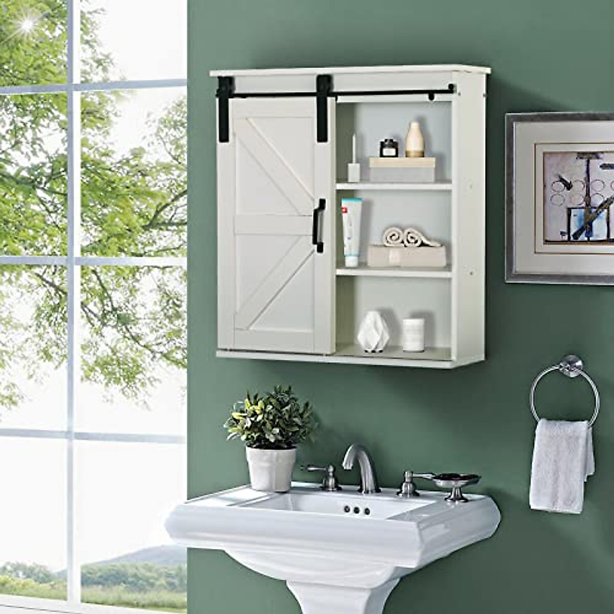 MFSTUDIO Farmhouse Small Bathroom Cabinet Wall Mounted Hanging Medicine Cabinets, Kitchen Storage Organizer with Rustic Barn Door for Living Room Bedroom, Ivory