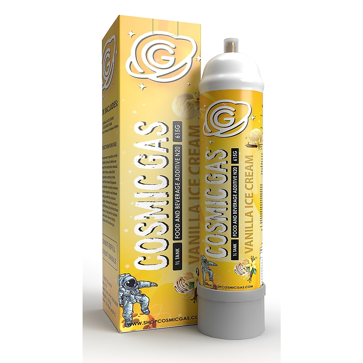 Cosmic Gas Vanilla Ice Cream Flavor Whipped Cream Dispenser Cartridge Tank, Nitrous Oxide 1L 615 Gram, Whipped Cream Tank, N2O Charger Tank, 1 Cylinder