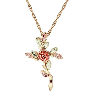 Black Hills Gold Jewelry 10k Yellow Gold Tree of Life Cross Pendant Necklace, 12k Green and Rose Gold, 18 Inches for Women