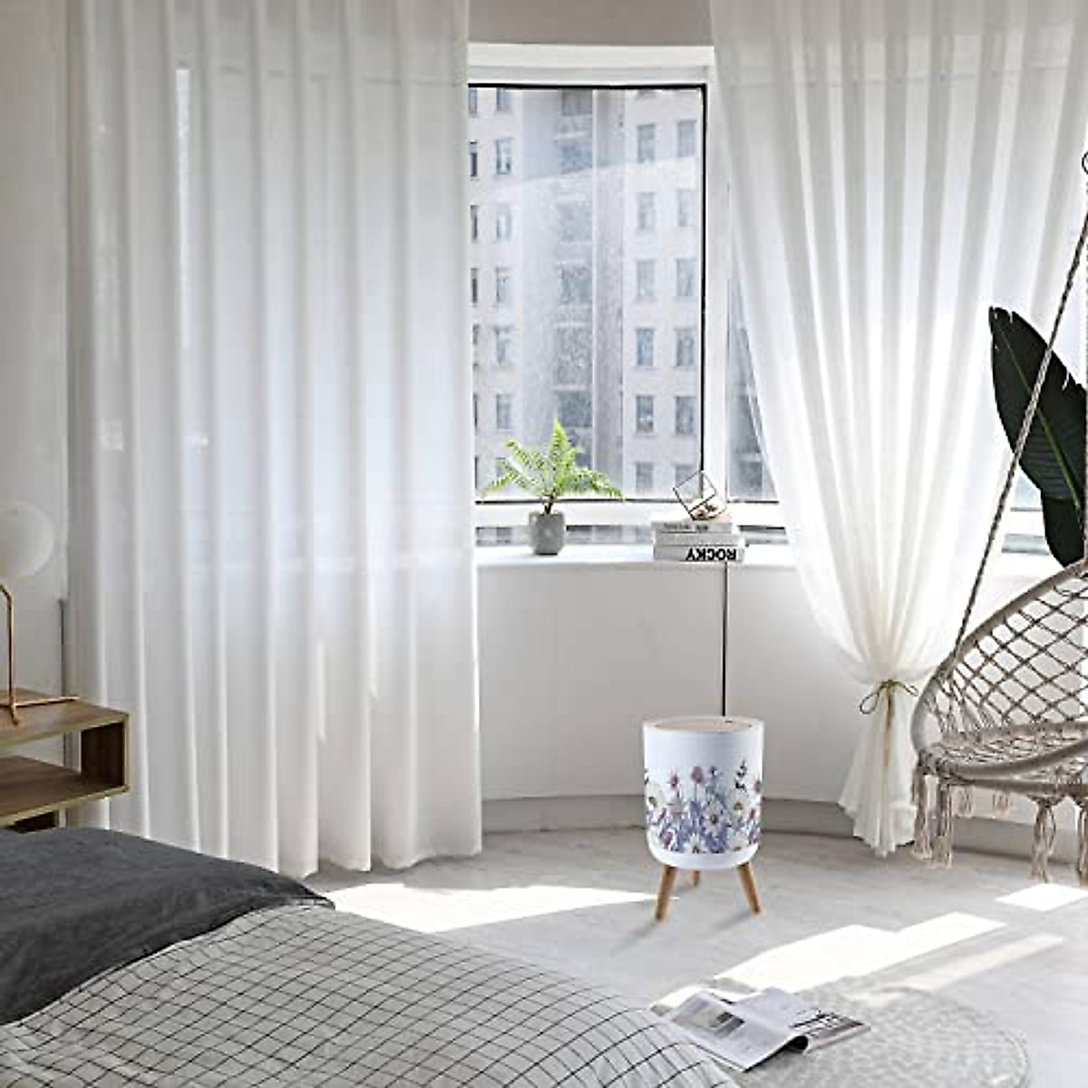 Small Trash Can with Lid floral seamless border Flower Seamless with white flowers blue leaves Garbage Bin Wood Waste Bin Press Cover Round Wastebasket for Bathroom Bedroom Diaper Office Kitchen