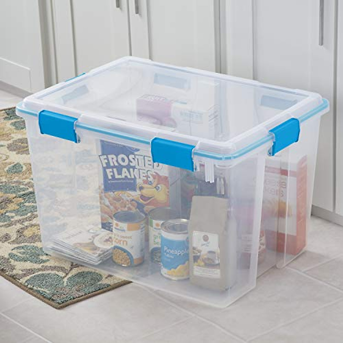 Sterilite 80 Quart Clear Plastic Stackable Storage Container Box Bin with Air Tight Gasket Seal Latching Lid Long Term Organizing Solution, 4 Pack
