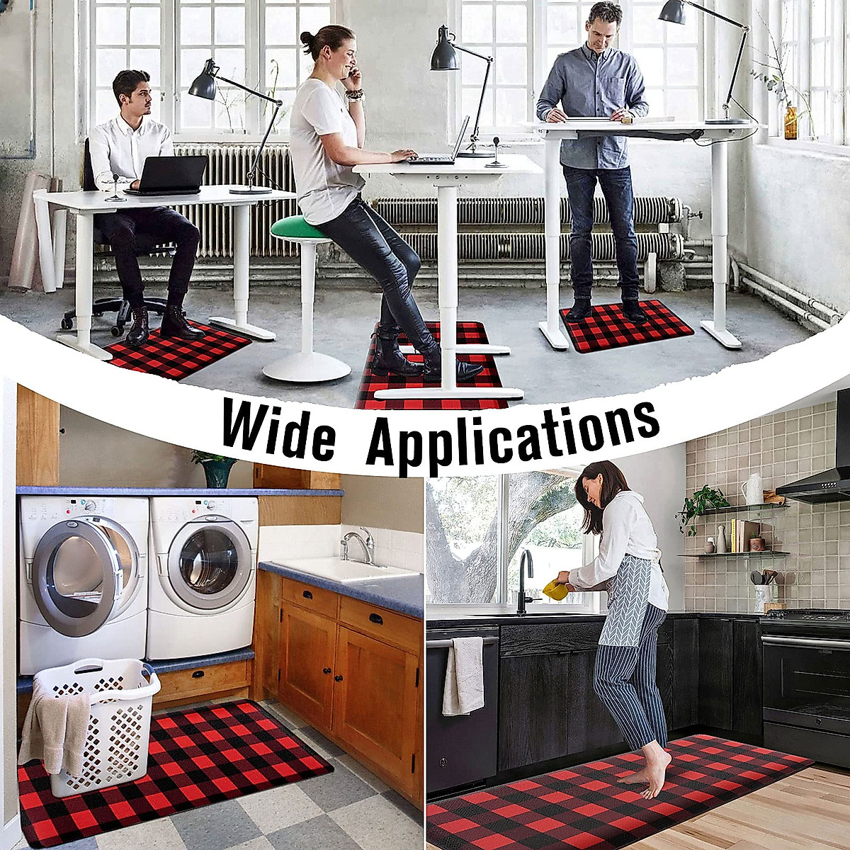 Carvapet Buffalo Plaid Kitchen Mat Cushioned Anti Fatigue Comfort Floor Mat Waterproof Non-Slip Kitchen Foam Rug Ergonomic Standing Mat for Home Kitchen Office Laundry, Black & Red,17.3"x28"