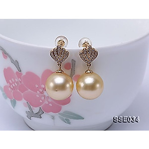 JYX Pearl Classic 14K Gold Earrings AAA Quality Genuine 11mm Round Golden South Sea Cultured Pearl Drop Earrings for Women