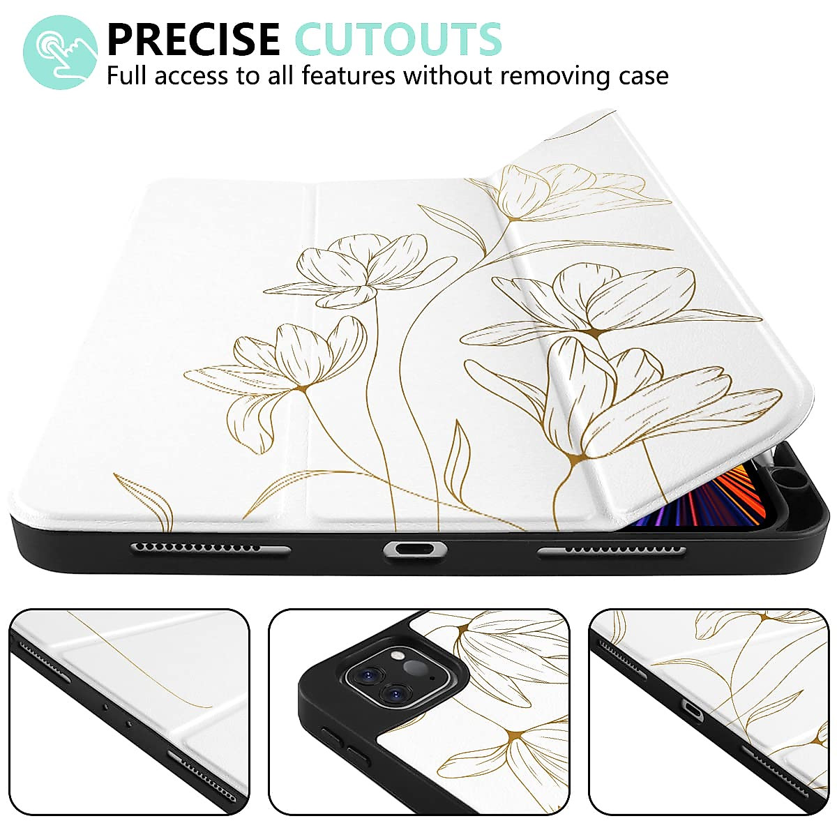 DONGKE Compatible with iPad Air 5th Generation Case 2022 & 4th 2020 10.9 inch Pencil Holder [Support Wireless Charging], Trifold Stand Sleep/ Wake, Gold Florals Gold Florals X449