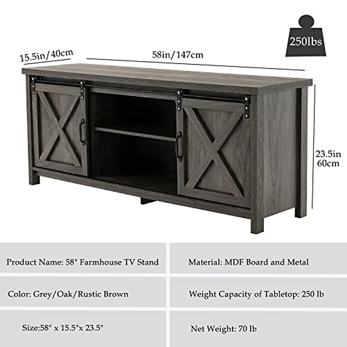 Vinctik 6&Fox 58In Farmhouse Entertainment Center,Rustic TV Stand for up to 65 inch TV with Wood Sliding Barn Door,Adjustable Storage Shelf,Media TV Table
