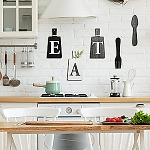 Jetec Cutting Board Eat Sign Set Hanging Art Kitchen Eat Sign Fork and Spoon Wall Decor Rustic Primitive Country Farmhouse Kitchen Decor for Kitchen and Home Decoration (Black, White, Gray)