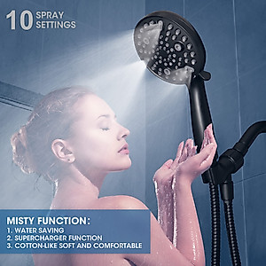 High Pressure Handheld Shower Head, 10-Setting Showerhead, 4.7”Detachable Showerhead Set with 5ft Hose, Adjustable Bracket and Built-in Power Wash to Clean Tub, Tile & Pets - Black