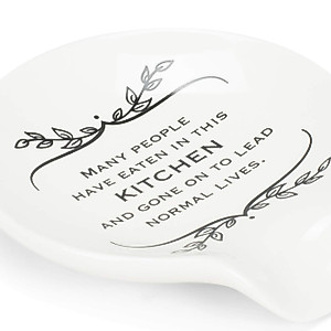 DEMDACO Many People Have Eaten In This Kitchen and Lead Normal Lives 4.5 x 4 Glossy White Ceramic Stoneware Kitchen Spoon Rest