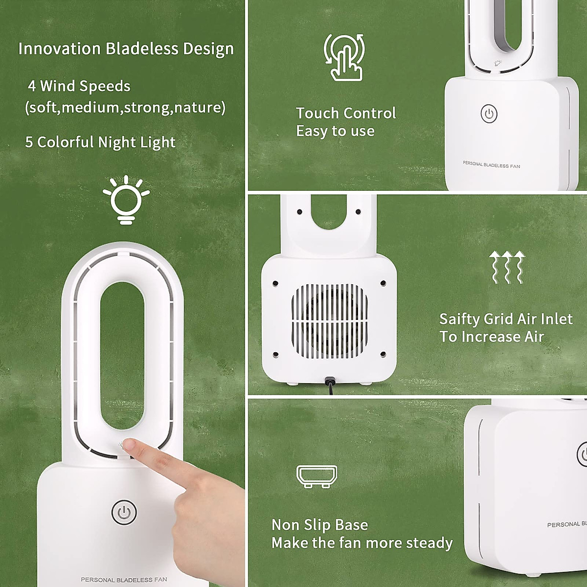 Bladeless Desk Fan Rechargeable, Small Bladeless Personal Fan Quiet Mini Table Fan, 12''Small Fan for Bedroom and Office, USB or 4000mAh Battery Operated, with Touch Control 6-Colors LED Light