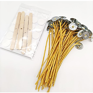 Nuozme 50 Pcs 6" Natural Candle Wicks,Pre-Waxed by 100% Beeswax & Tabbed with 60Pcs Candle Wick Stickers and 5 Pcs Wooden Candle Wick Centering Device, for Candle Making，Candle DIY