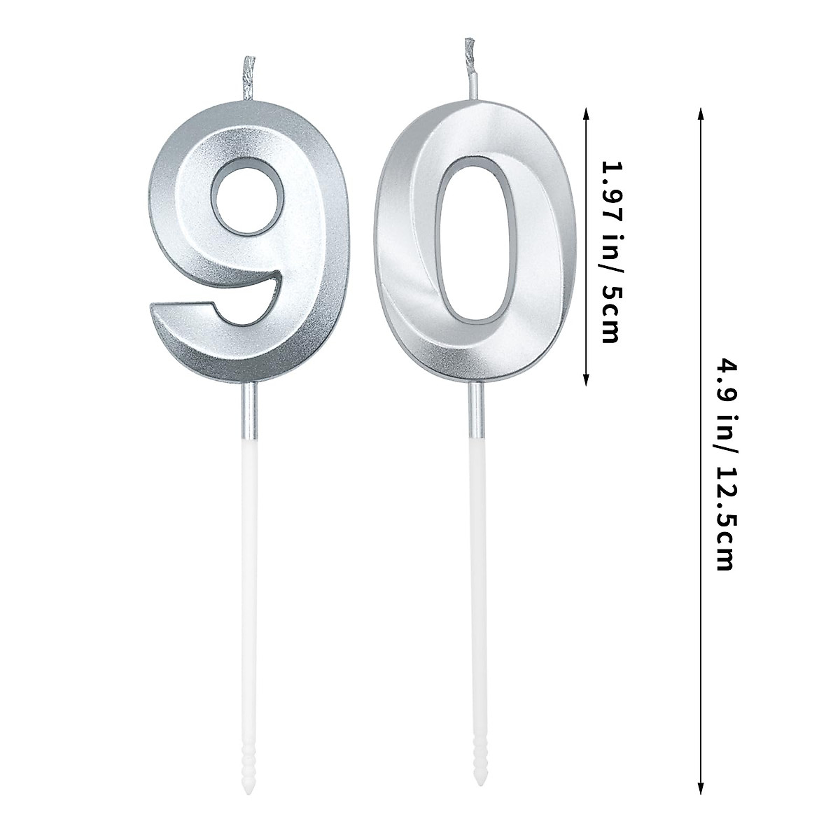 Silver 90th Birthday Candles for Cakes, Number 90 Candle Cake Cupcake Topper for Birthday Anniversary Party Decoration