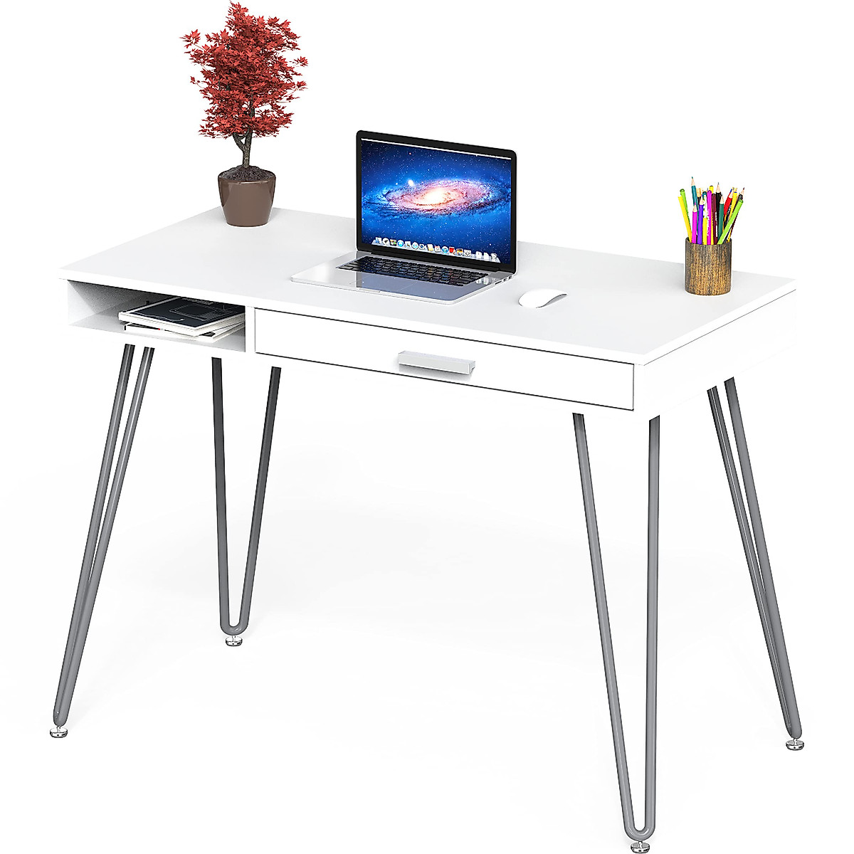 SHW Home Office Computer Hairpin Leg Desk with Drawer, White