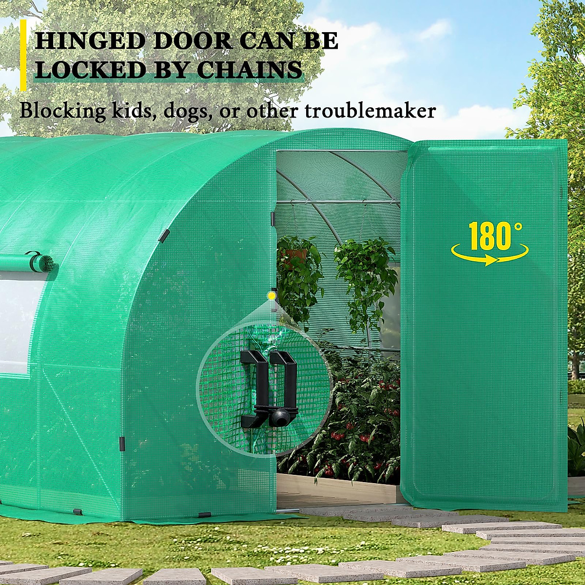Papababe 28x10x7.5 FT Extra high Large Walk-in Greenhouse for Outdoors, Upgraded Swing Door, Heavy Duty Galvanized Steel Frame Tunnel Greenhouse kit, Reinforced PE Cover & Film Clips, Green