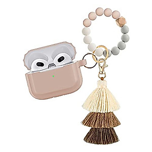 AirPod 3 Case,Gtinna Fashion Cute Stripe Airpods 3rd Case(2021),Soft Silicone Case for AirPod 3 Wireless Charging Case with Silicone Beaded Bracelet Tassel Charm Keychain Accessories (Khaki)