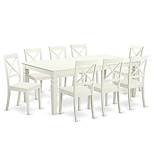 East West Furniture LGBO9-LWH-W 9 Piece Kitchen Table & Chairs Set Includes a Rectangle Table with Butterfly Leaf and 8 Dining Room Chairs, 42x84 Inch, Linen White