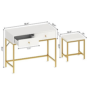 SUPERJARE 35.4" White and Gold Desk with 2 Drawers, Modern Makeup Vanity Desk with Padded Stool, Small Computer Desk Home Office Desk for Writing Study Bedroom