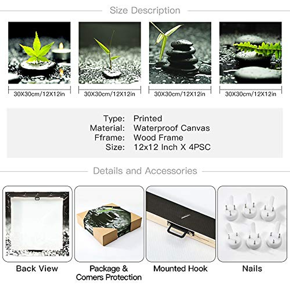 Artscope 4 Pieces Canvas Prints Wall Art - Green Leaf Raindrops and Stones Picture Painting- Modern Wall Artwork Framed for Bathroom Home Office Decor - 12 x 12 Inch