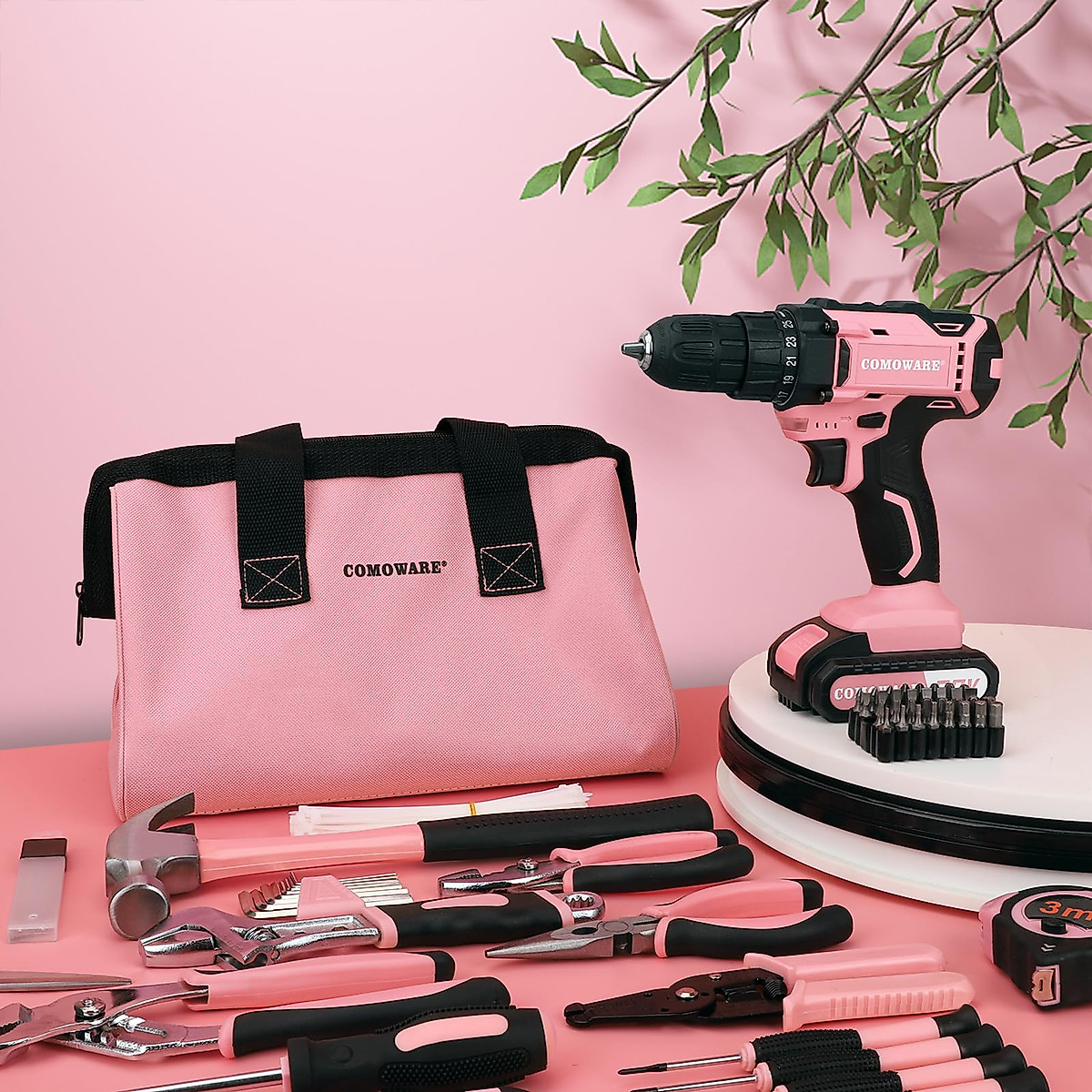 COMOWARE 171Pcs Home Tool Kit with Drill, Pink Drill Set for Women, Lady's Home Repairing Tool Kit with 20V Power Drill, with a Large-Capacity Tool Storage Bag