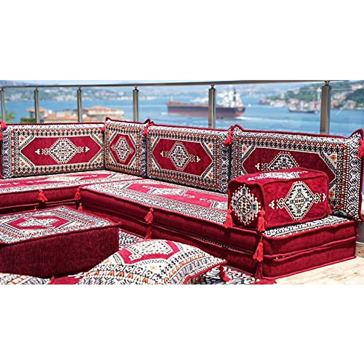 Maroon L Shaped Futon Sofa Bed, Corner Floor Couch, Sectional Sofas, Yoga Sofa Sets, Handmade Living Room Furniture, Sofa Covers (L Sofa + Rug + Poufs)