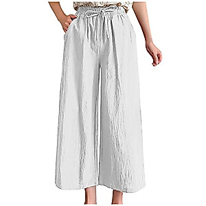 CPXUTFP Women's Cotton Linen Wide Leg Pants Casual Elastic Waistband Loose Fit Palazzo Pants Lounge Flowy Cozy Slacks Trouser White